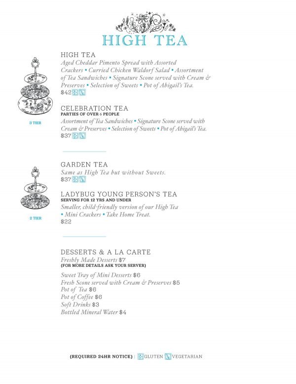 High & Afternoon Tea Menu - Abigails Tea House