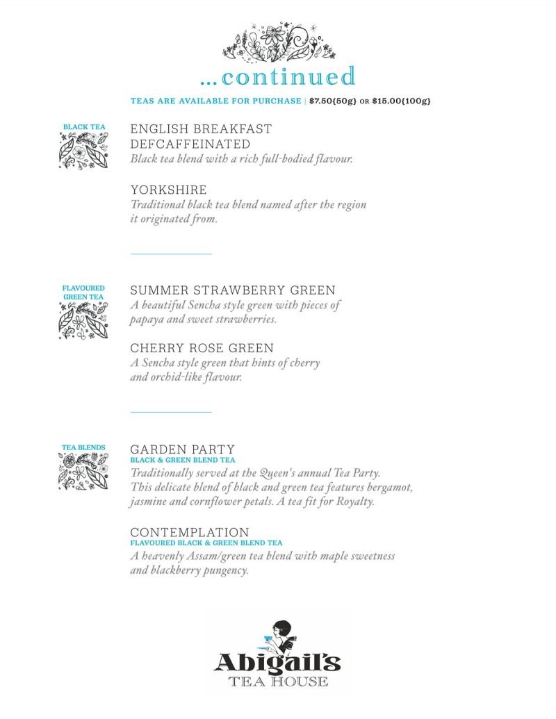 High & Afternoon Tea Menu - Abigails Tea House