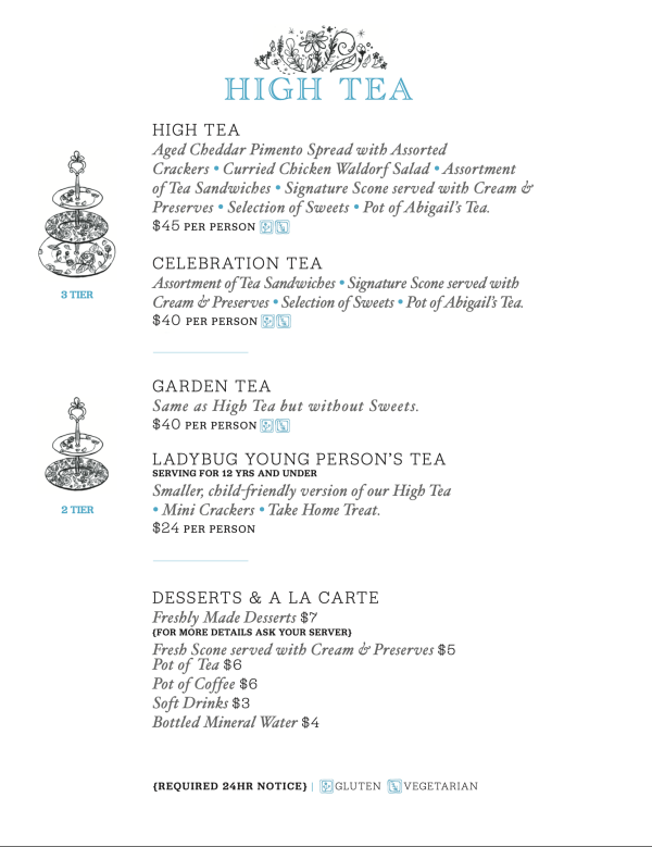 High & Afternoon Tea Menu - Abigails Tea House