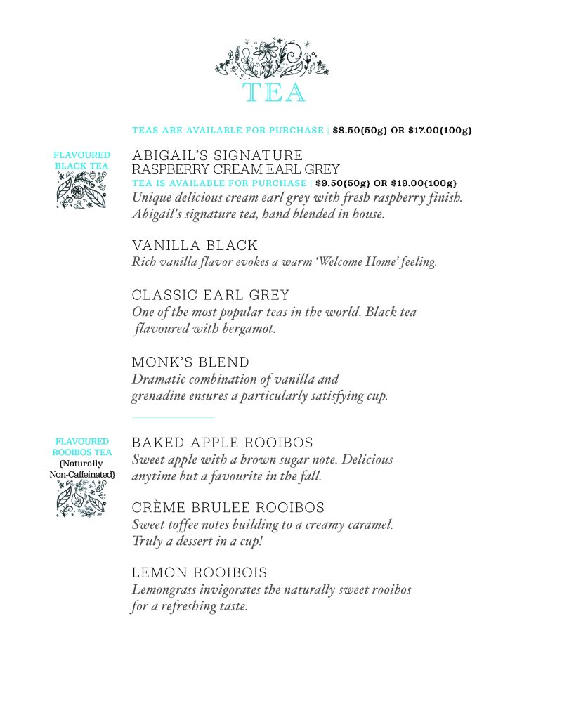 High & Afternoon Tea Menu - Abigails Tea House